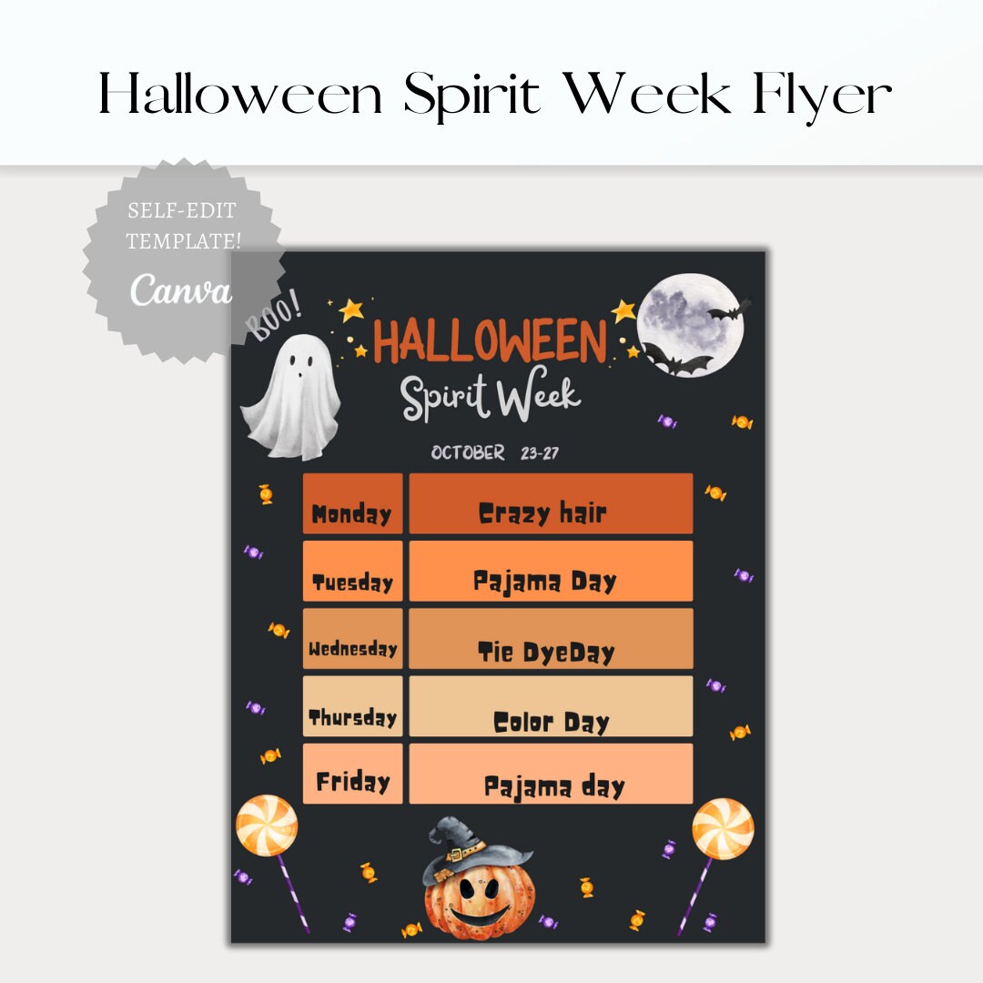 Halloween School Spirit Week Itinerary Schedule, Daily Weekly Calendar ...
