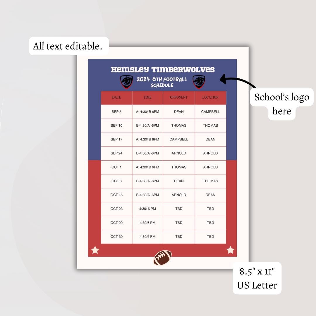 Editable Football Schedule for School Template - Etsy