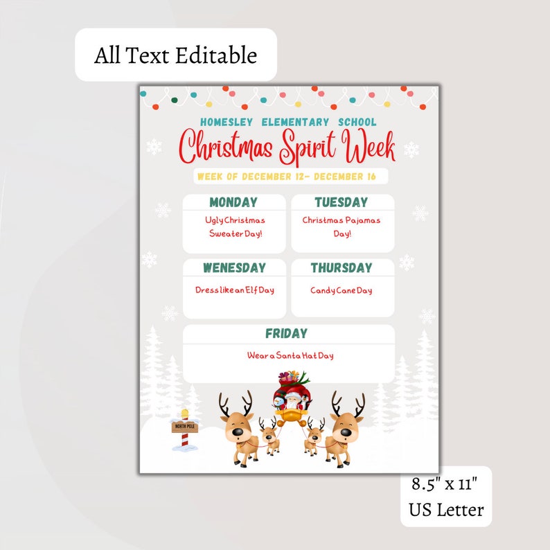 Editable Christmas Spirit Week Flyer Canva Template, School Spirit ...