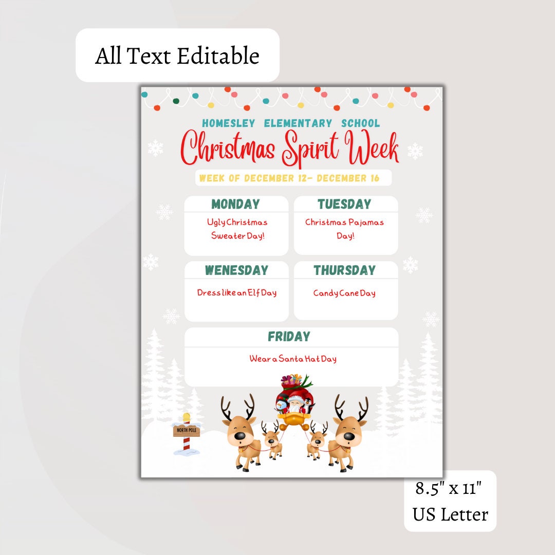 Editable Christmas Spirit Week Flyer Canva Template, School Spirit ...