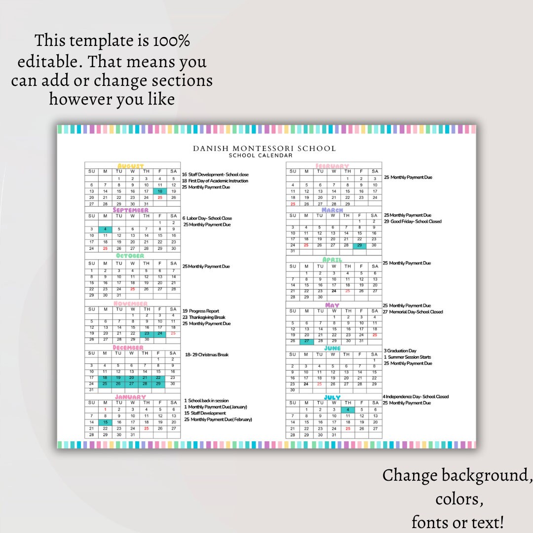 Editable School Calendar, Horizontal Layout (digital Download) - Etsy