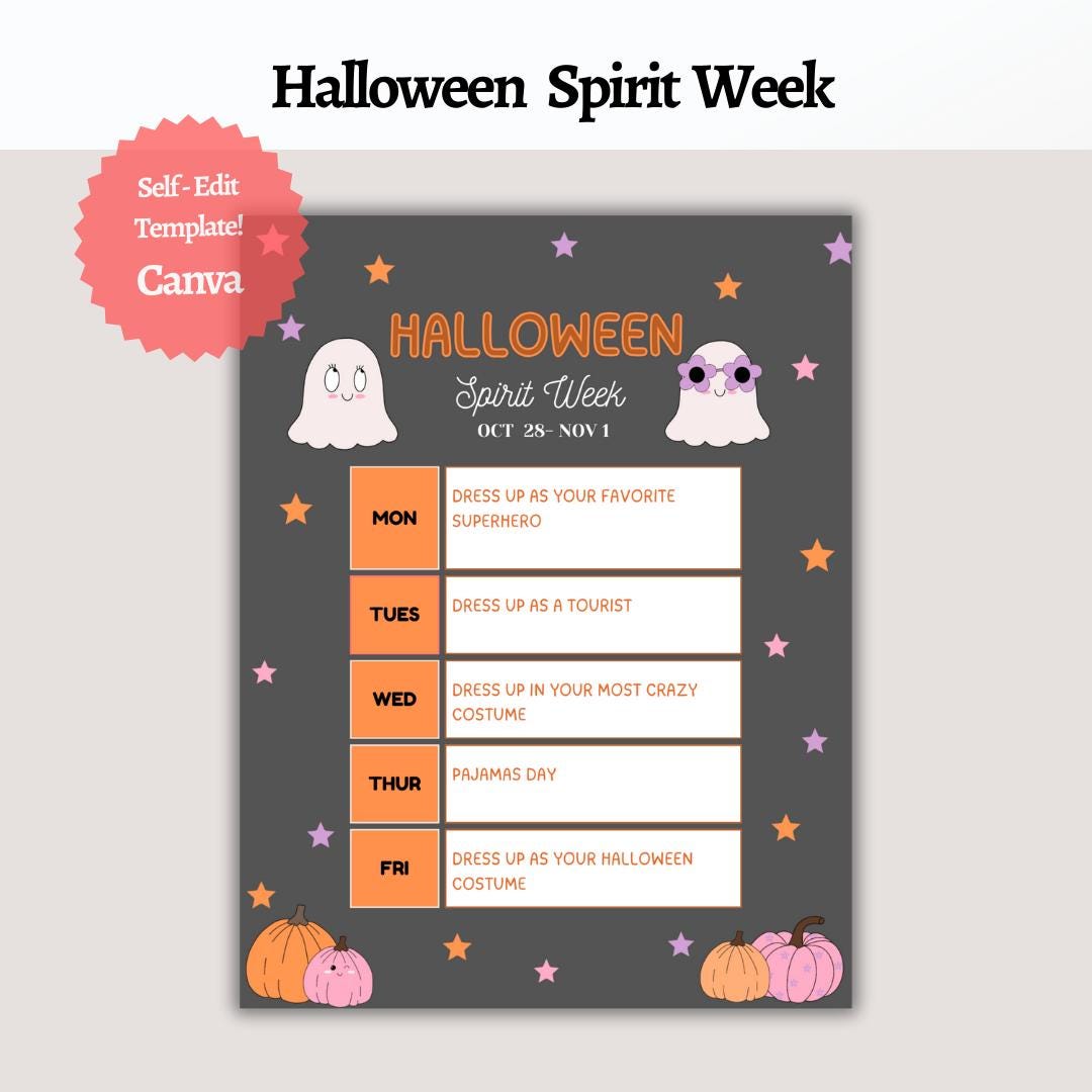 Halloween Spirit Week Itinerary, School Event Planner (editable ...