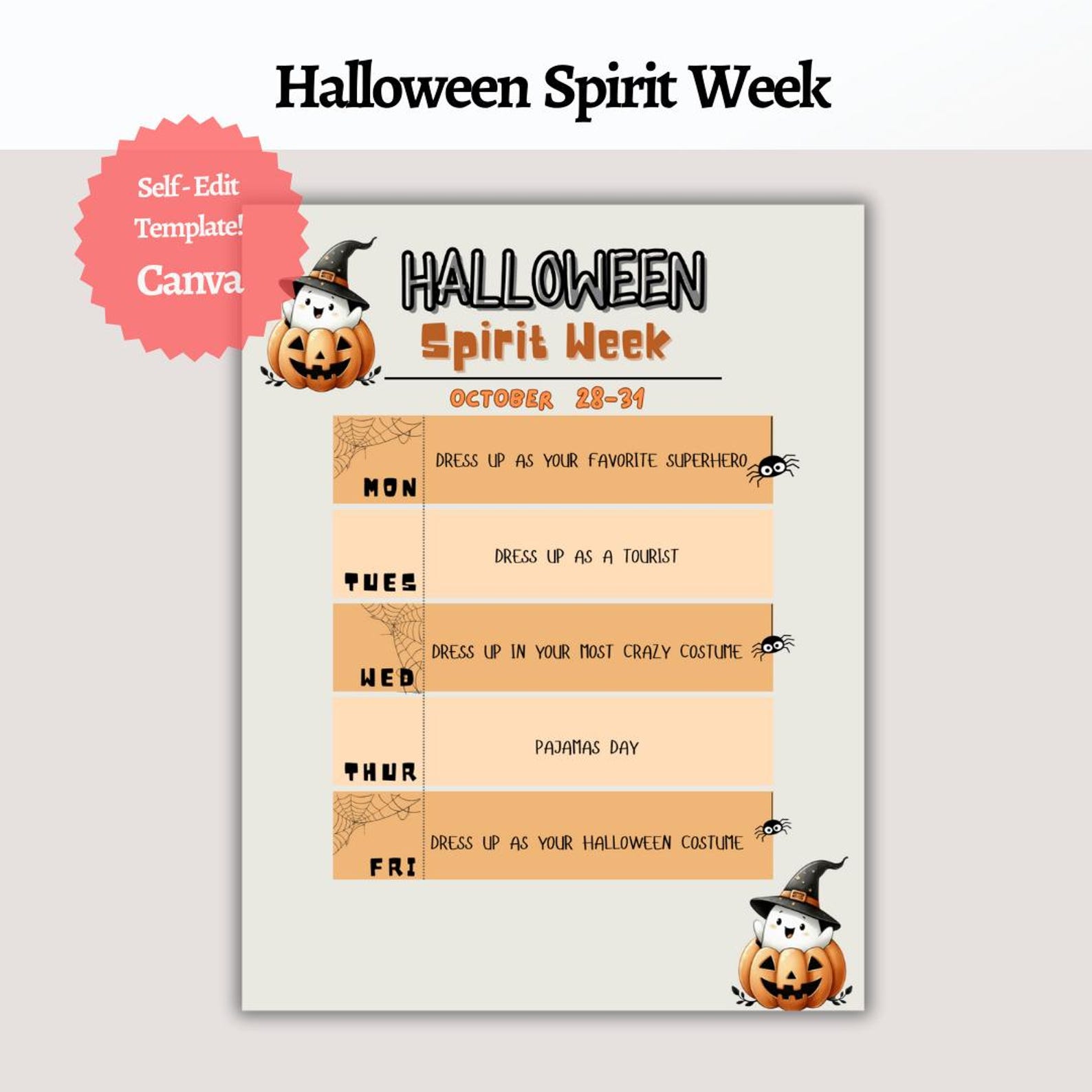Halloween School Spirit Week Itinerary Schedule, Daily Weekly Calendar ...