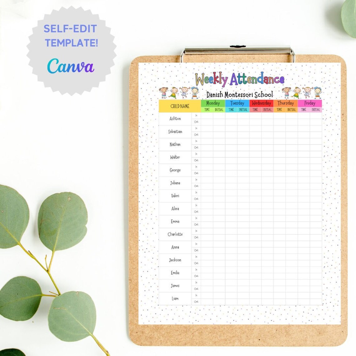 Weekly Attendance Sheet, Preschool Daycare Tracker (canva Editable, 8 ...