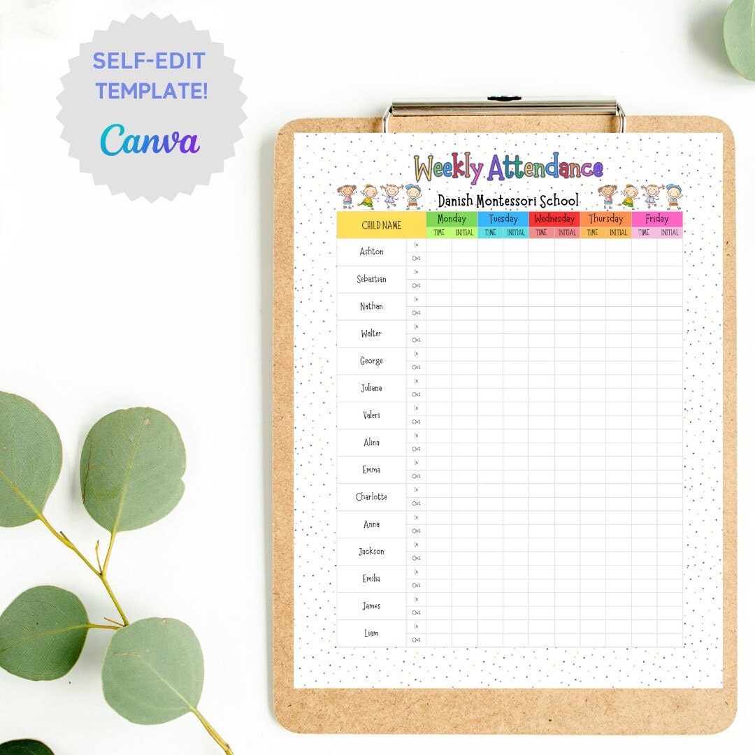 Weekly Attendance Editable With Canva, Attendance Sheet for Preschool ...