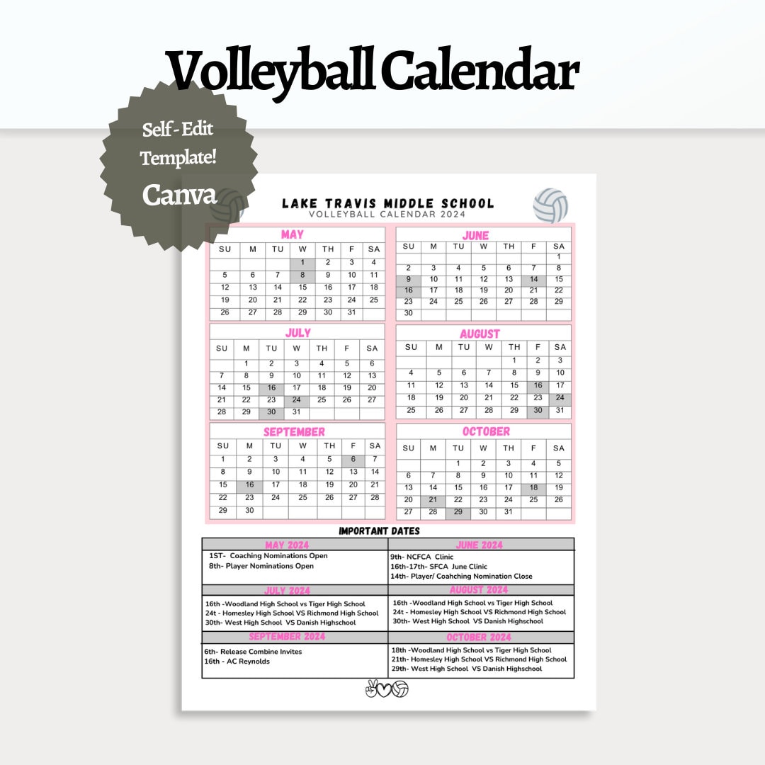 EDITABLE Volleyball Practice and Game Schedule, Volleyball Calendar ...