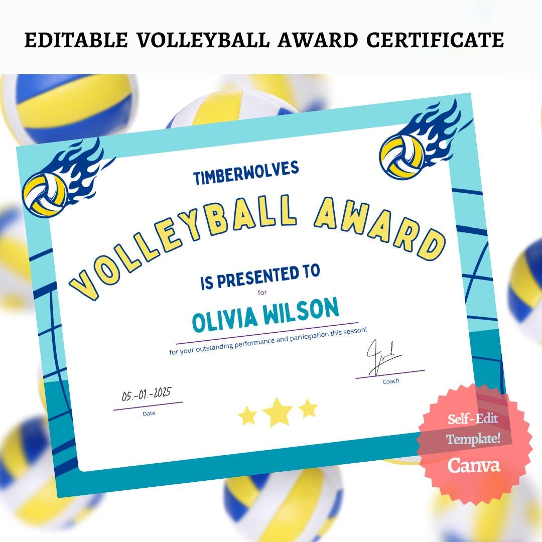 Editable Volleyball Award Certificate Template Player Participation ...