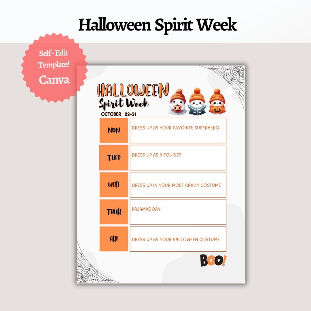 Halloween School Spirit Week Itinerary Schedule, Daily Weekly Calendar ...