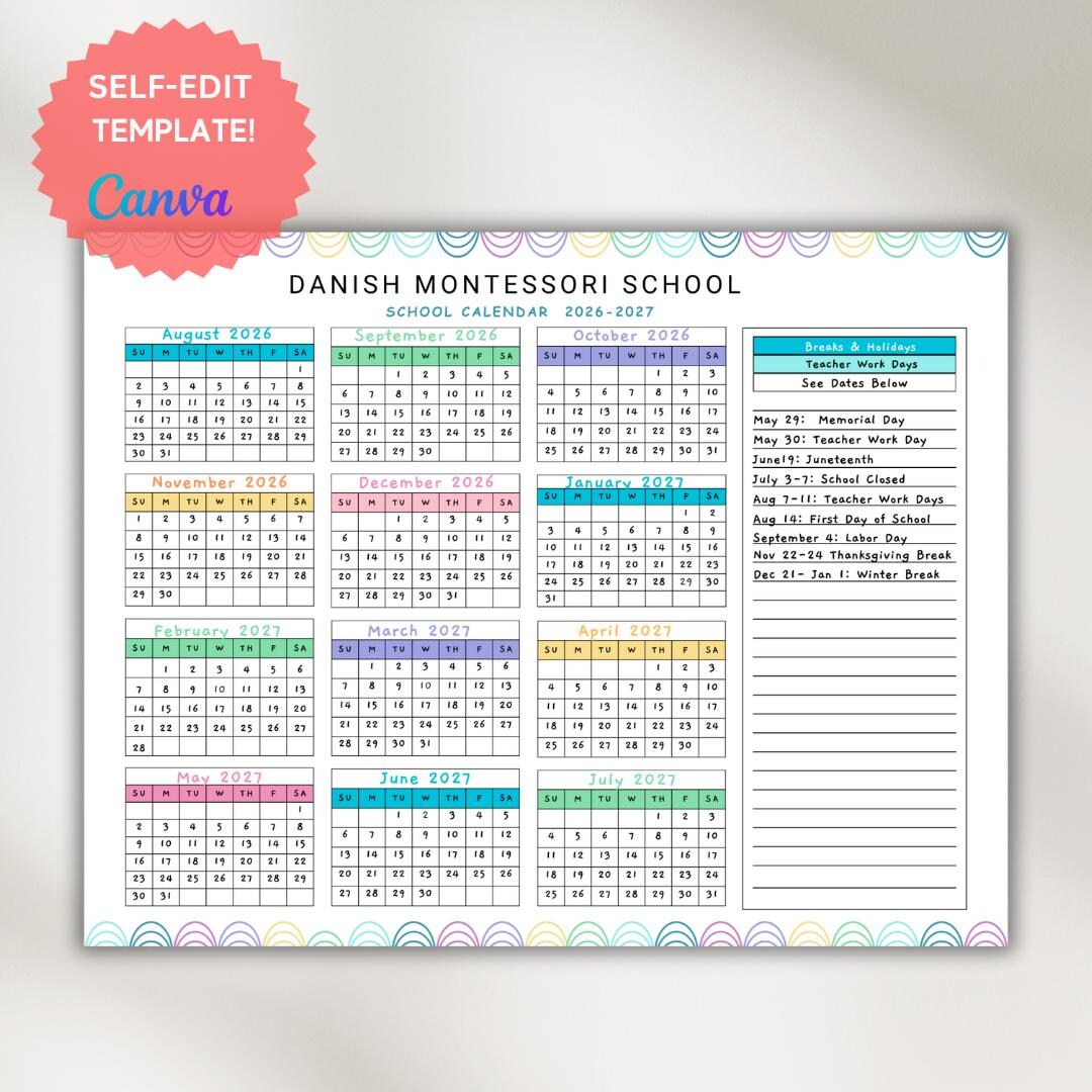 Danish Montessori School Calendar 2026-2027 - Self-edit Template Canva ...