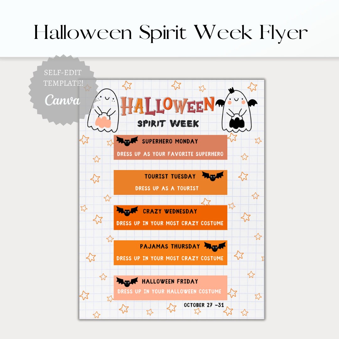 Halloween School Spirit Week Itinerary Schedule, Daily Weekly Calendar ...