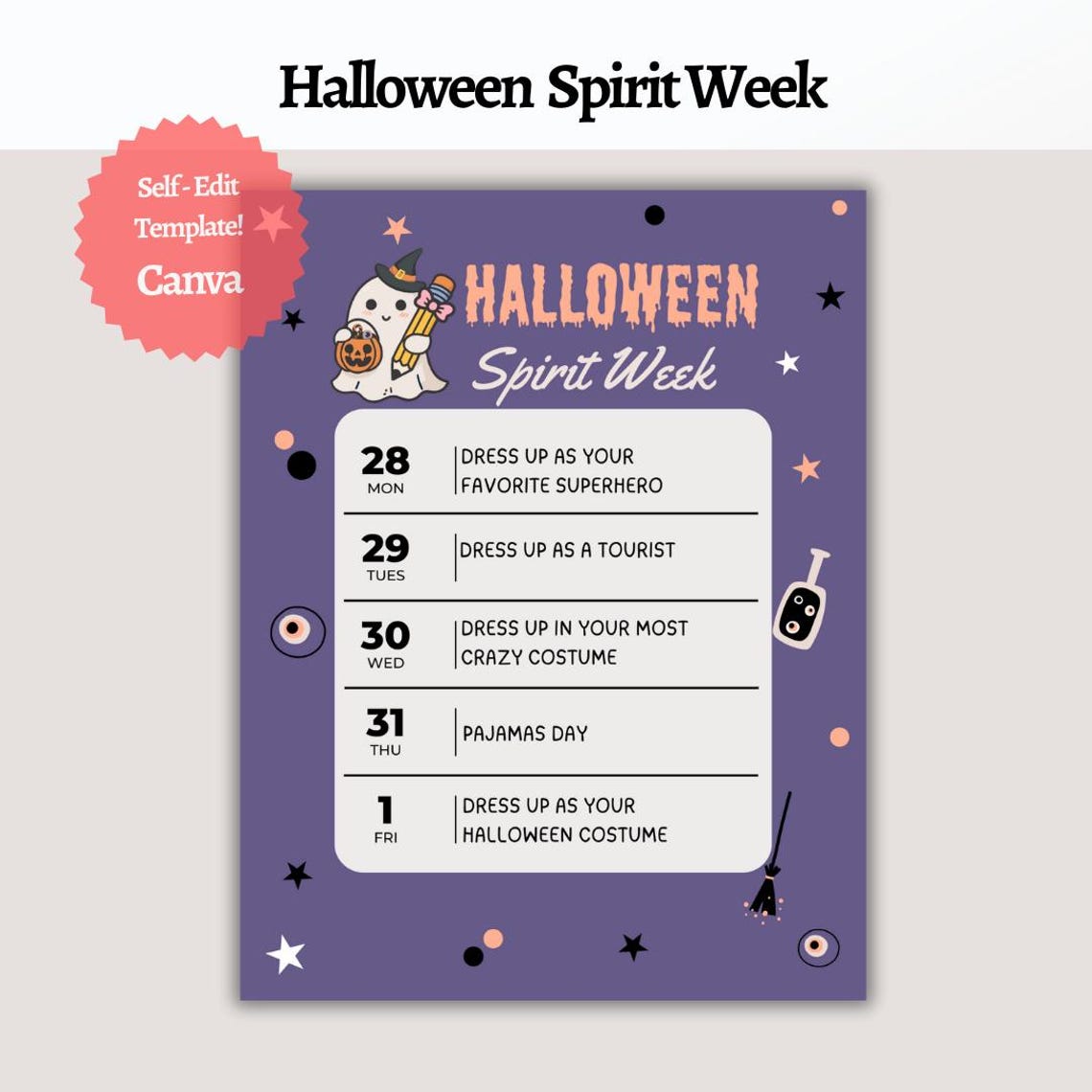 Halloween School Spirit Week Itinerary Schedule, Daily Weekly Calendar ...