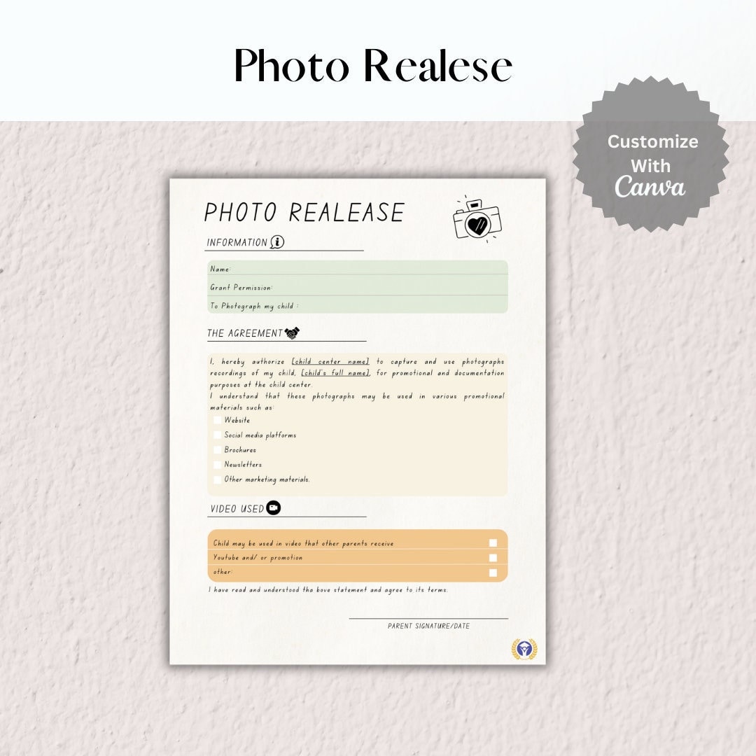 Photo Release Form for Montessori School, Preschool, Daycare, Child ...