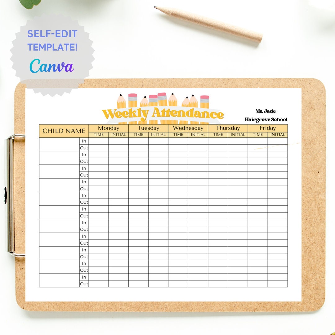 Weekly Attendance Editable With Canva, Attendance Sheet for Preschool ...