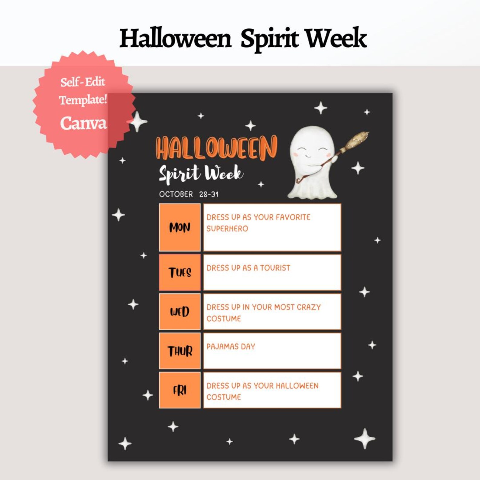 Halloween Spirit Week Itinerary, School Event Calendar (editable ...