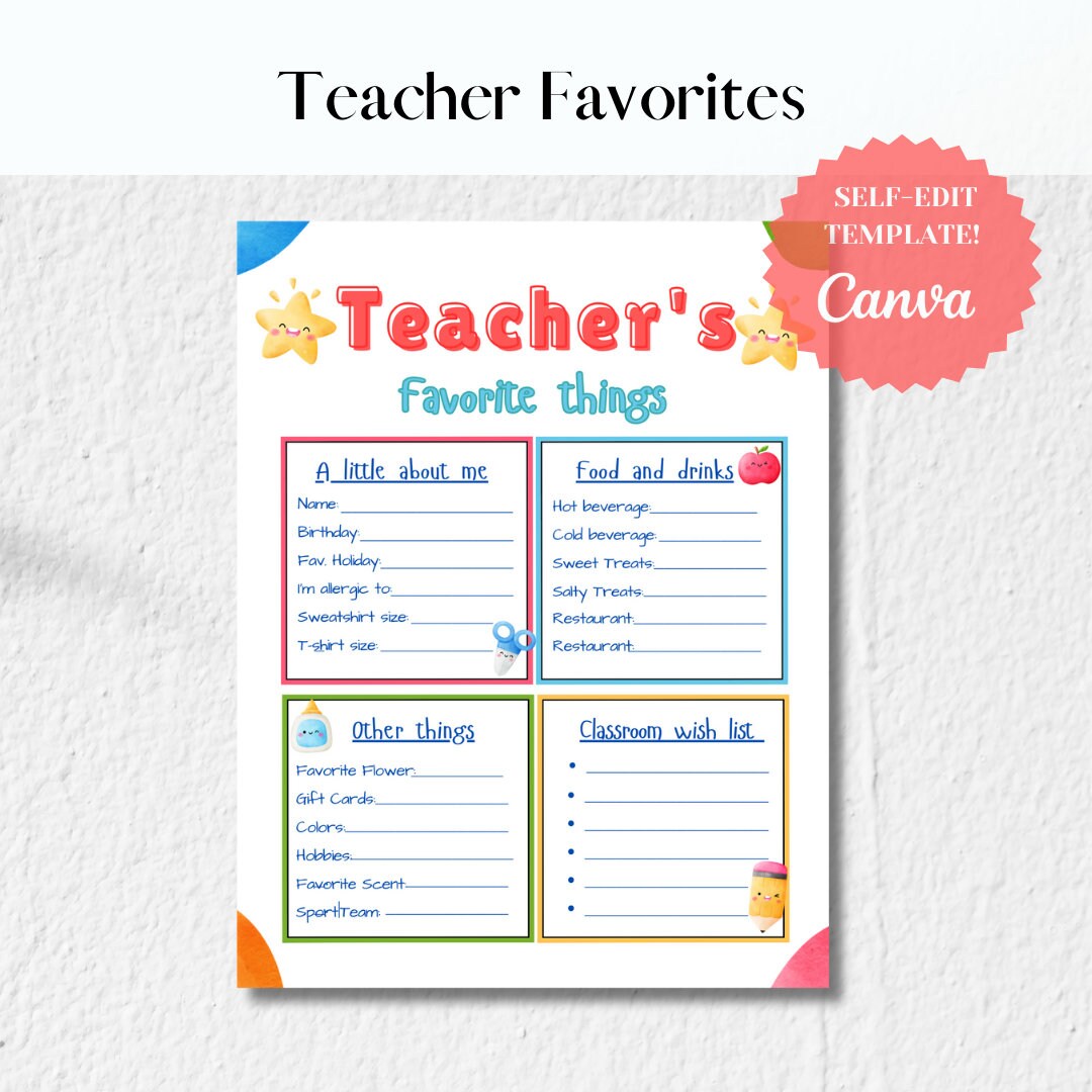 Editable Teacher Favorites Survey/ Meet the Teacher Questionnaire ...