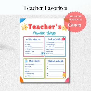 Editable Teacher Favorites Survey/ Meet the Teacher Questionnaire ...