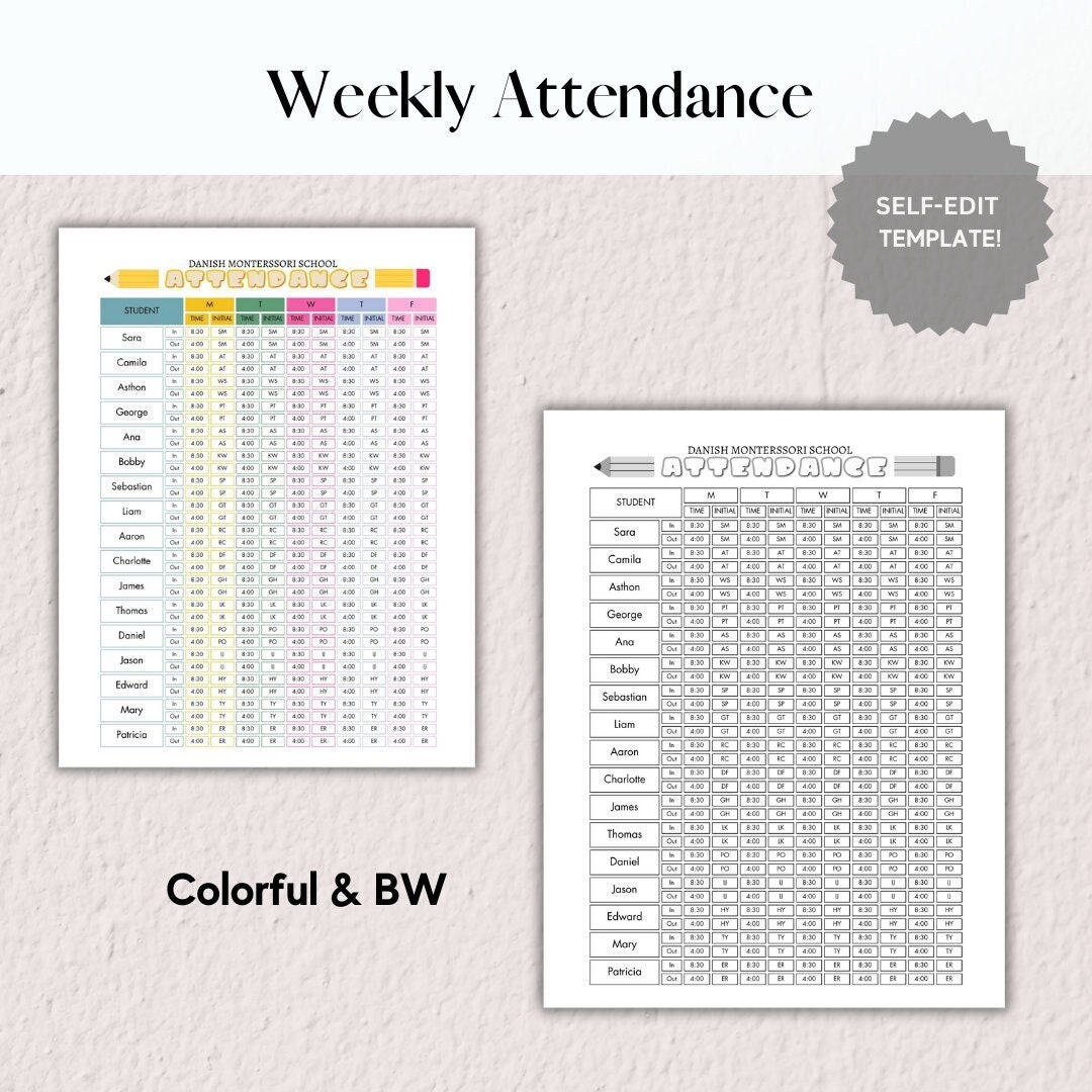 Weekly Attendance Sheet/ Attendance Sheet for Preschool, Montessori ...