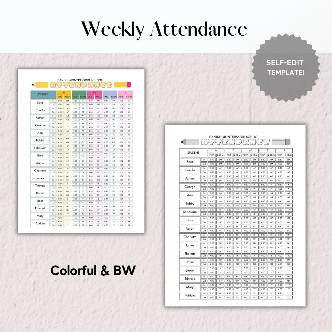 Weekly Attendance Sheet/ Attendance Sheet for Preschool, Montessori ...