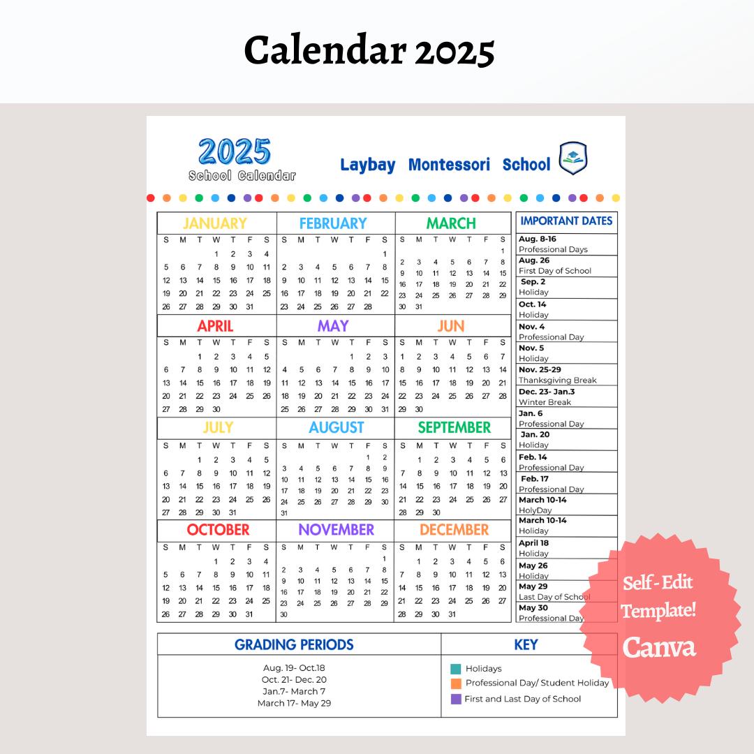 Customizable 2025 Calendar for Daycare, Homeschool, and Preschool ...