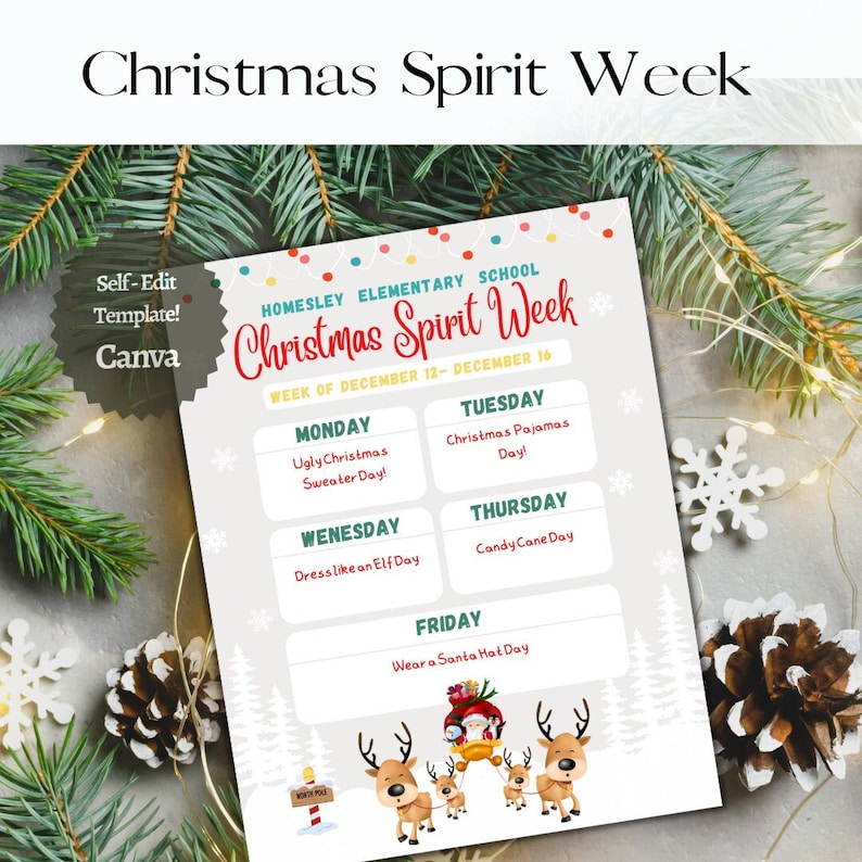 Editable Christmas Spirit Week Flyer Canva Template, School Spirit ...