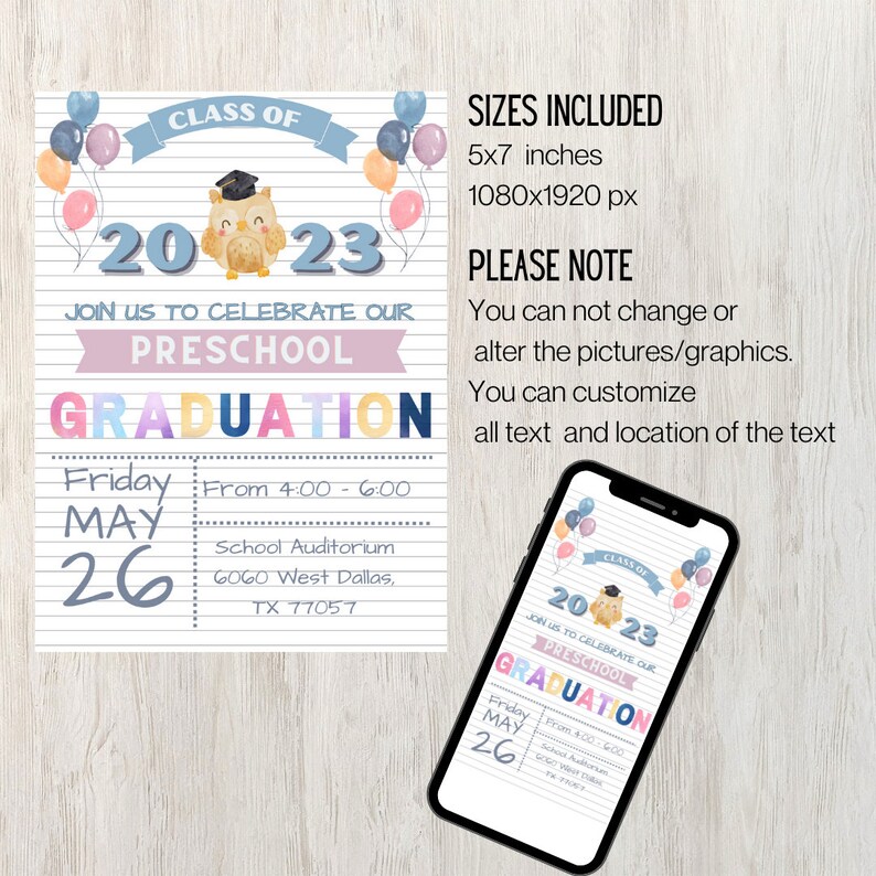 Graduation Invitation Editable Template, Pre-k Kindergarten, Preschool ...