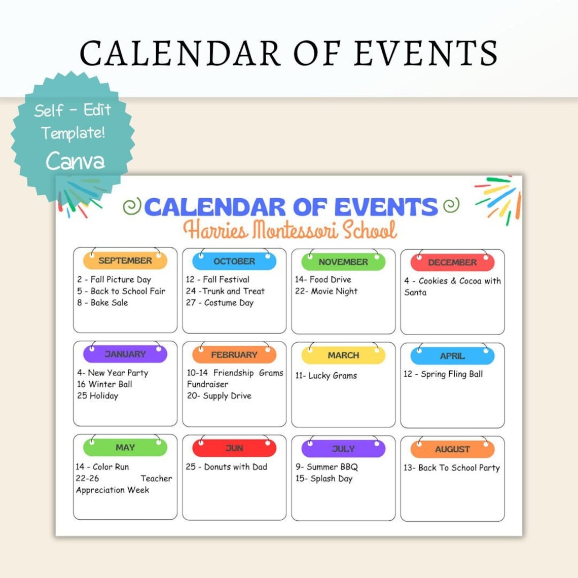 Editable Monthly Events Template, Parents Newsletter Calendar Events ...
