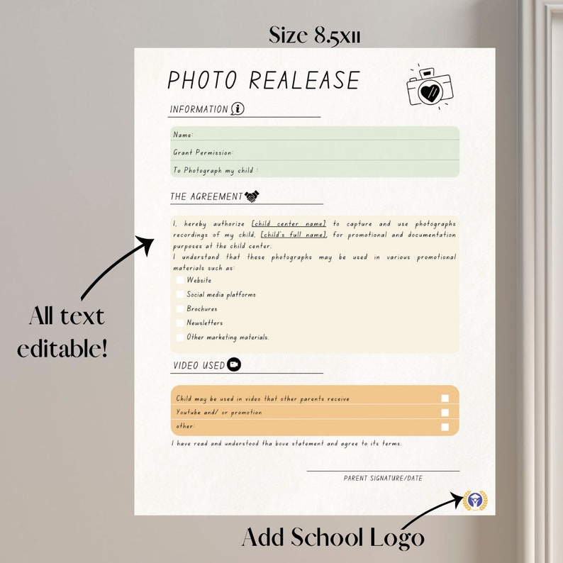 Photo Release Form for Montessori School, Preschool, Daycare, Child ...