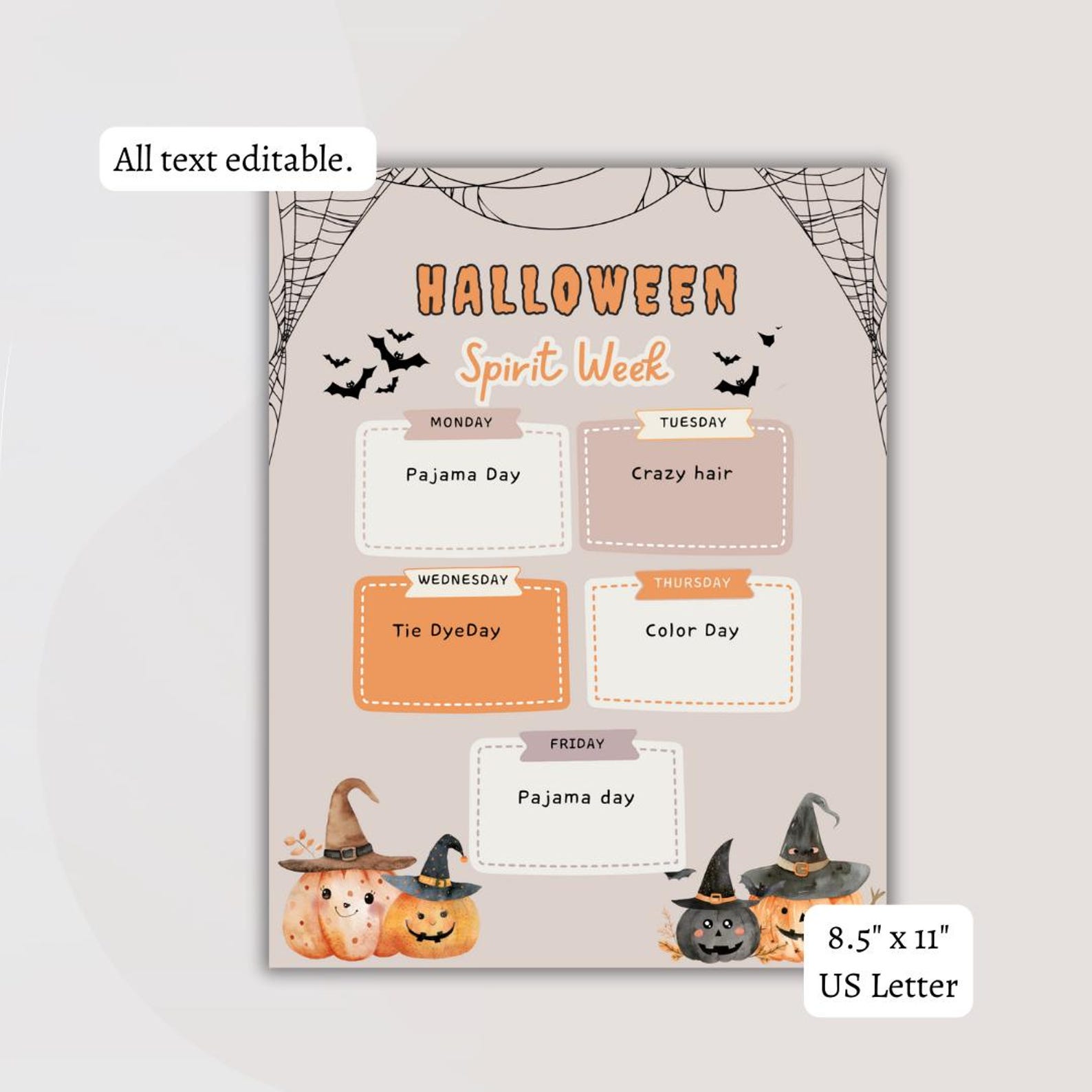 Halloween School Spirit Week Itinerary Schedule, Daily Weekly Calendar ...