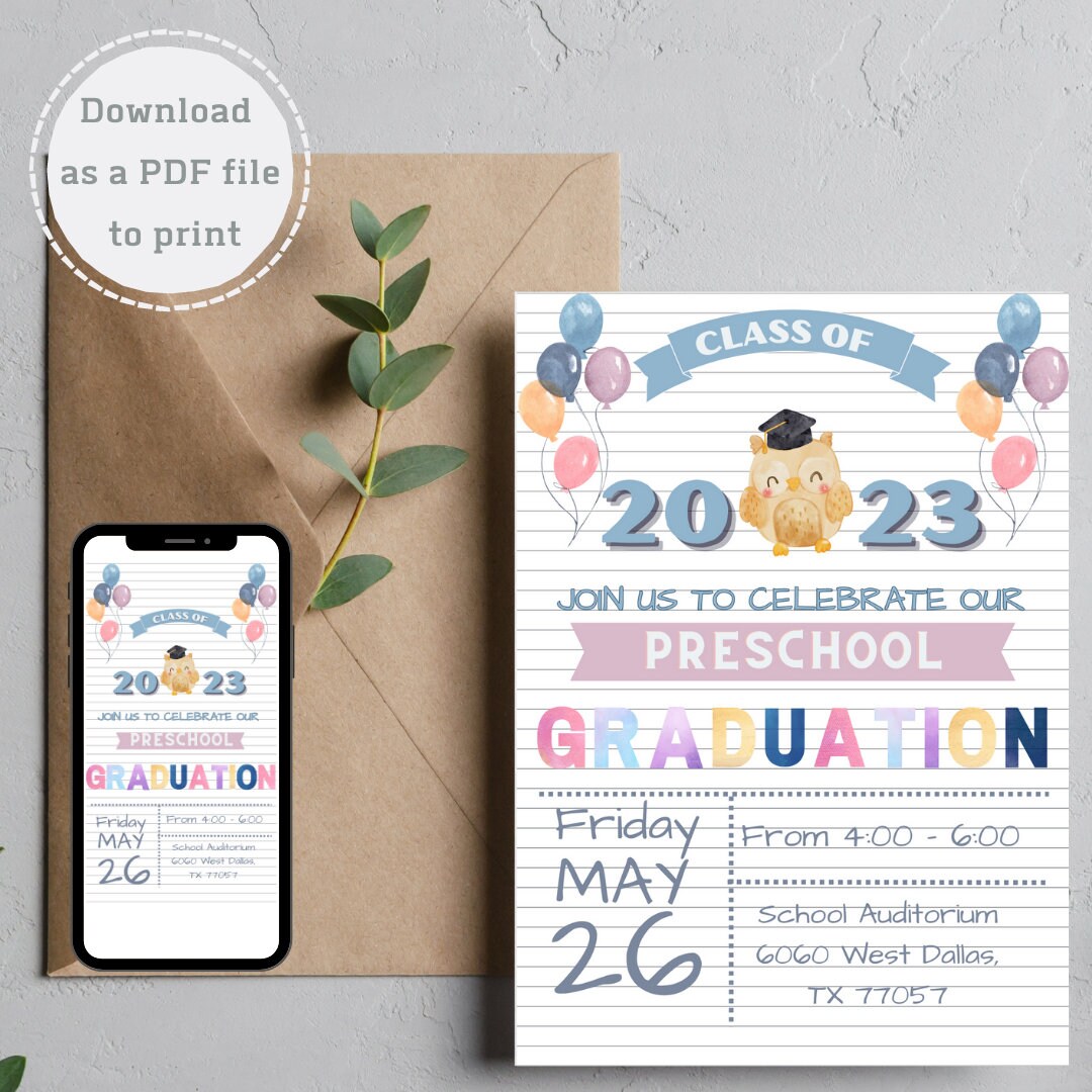 Graduation Invitation Editable Template, Pre-k Kindergarten, Preschool ...
