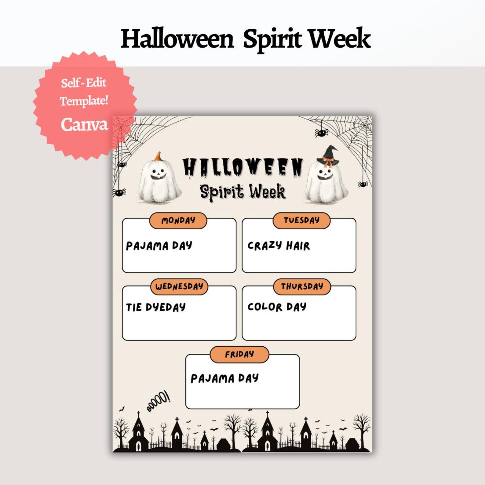 Halloween School Spirit Week Itinerary, Editable Template (digital ...