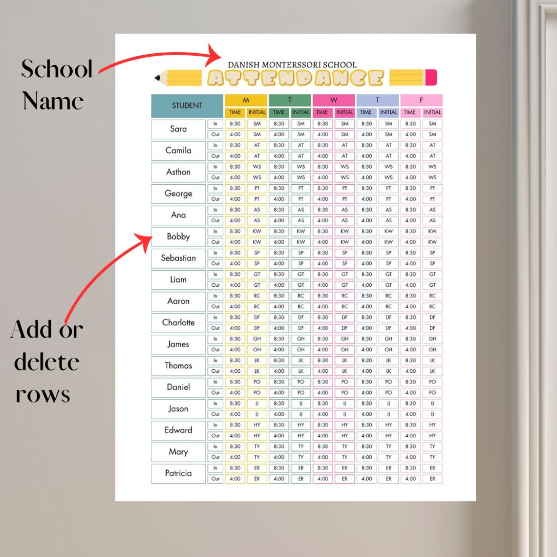 Weekly Attendance Sheet/ Attendance Sheet for Preschool, Montessori ...