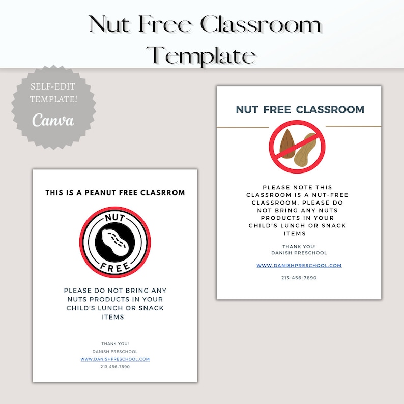 Customizable Nut Free Sign, PRINTABLE INSTANT DOWNLOAD, Classroom ...