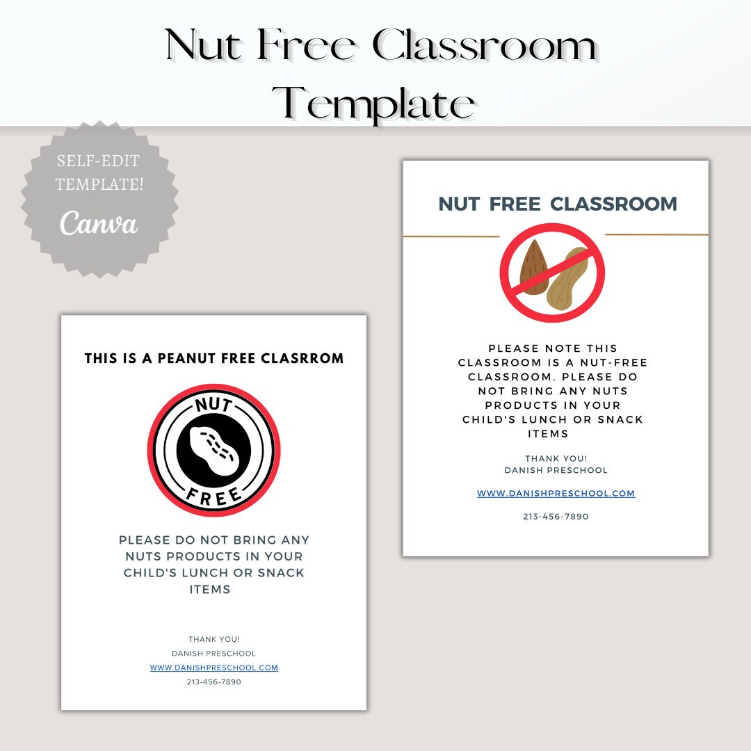 Customizable Nut Free Sign, PRINTABLE INSTANT DOWNLOAD, Classroom ...