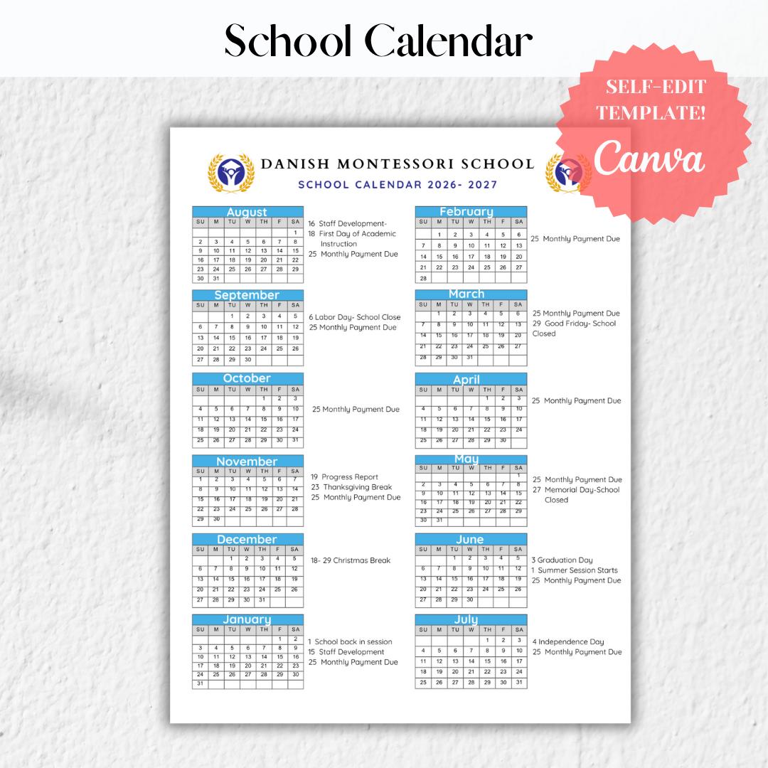 Danish Montessori School Calendar 2026-2027, Self-edit Template, Canva ...