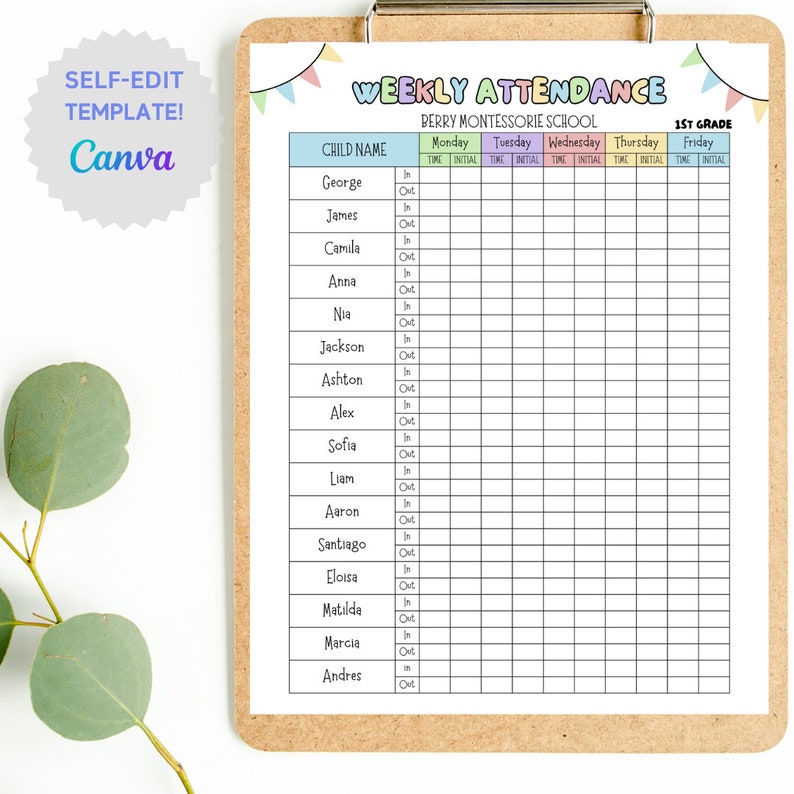 Weekly Attendance Tracker, Editable Canva Template (8.5x11 Inches) - Etsy