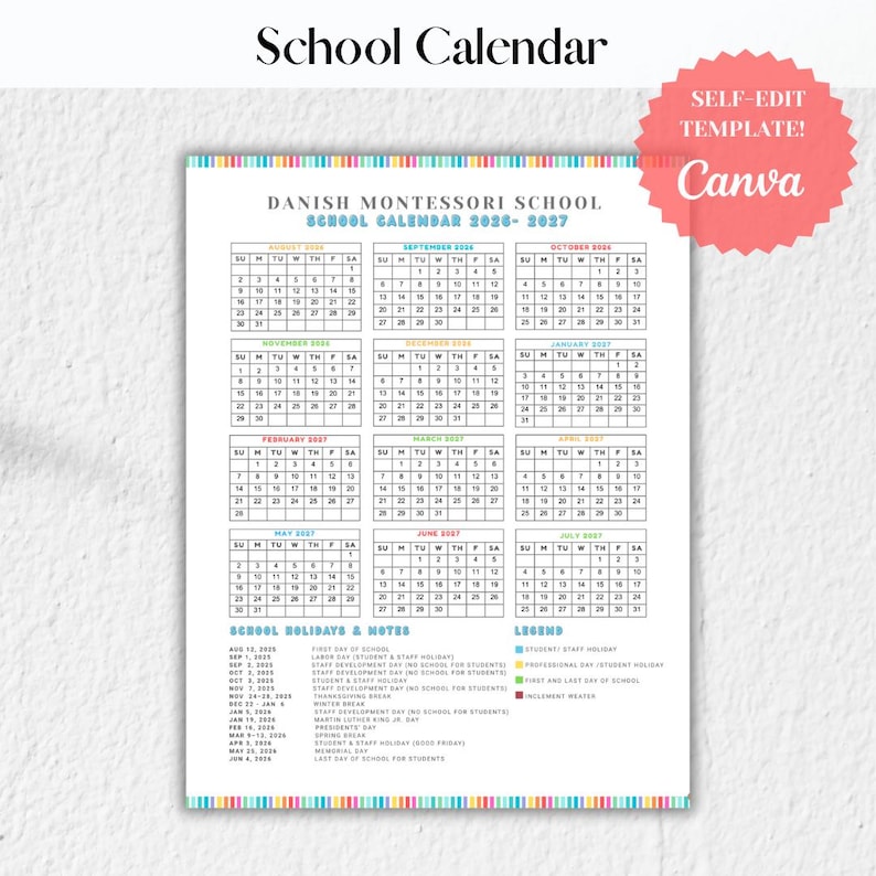 Danish Montessori School Calendar 2026-2027 - Self-edit Template ...