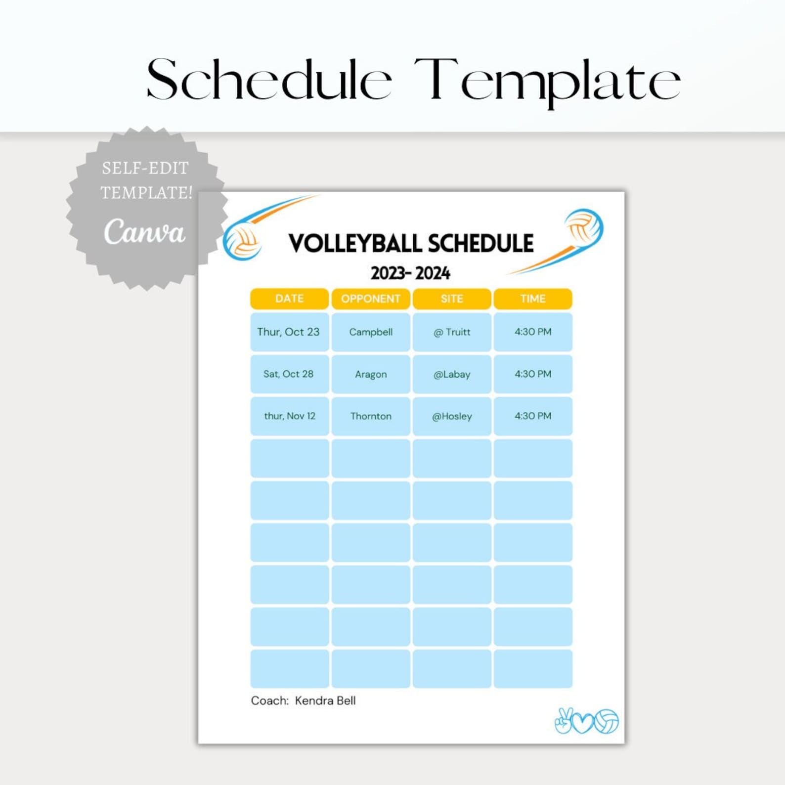 Editable Volleyball Schedule Template Volleyball Game Day Calendar ...
