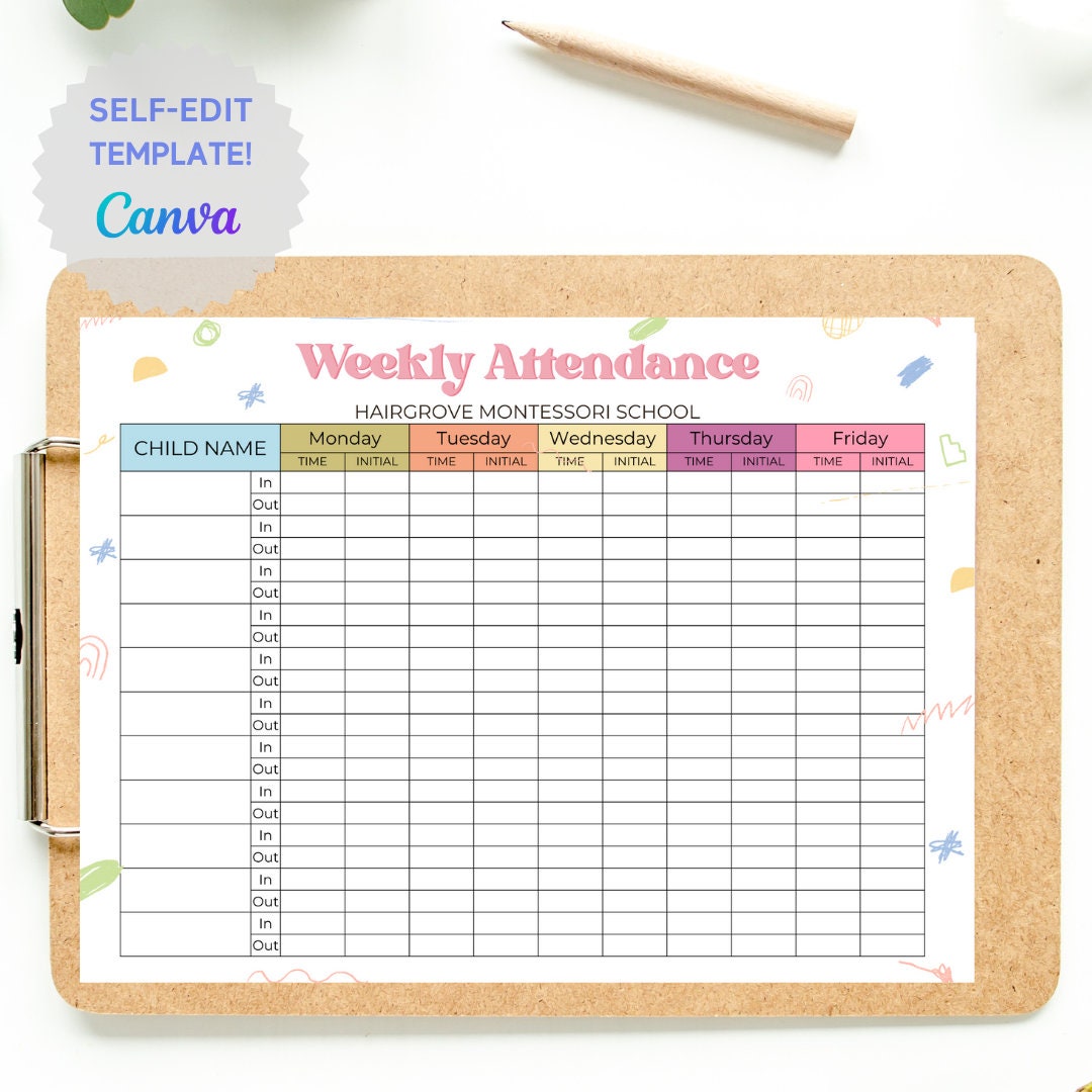 Weekly Attendance Editable With Canva, Attendance Sheet for Preschool ...