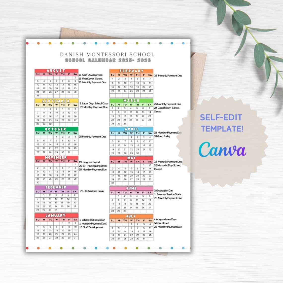School Calendar 2025- 2026 Perfect for Preschool, Daycare or Childcare ...