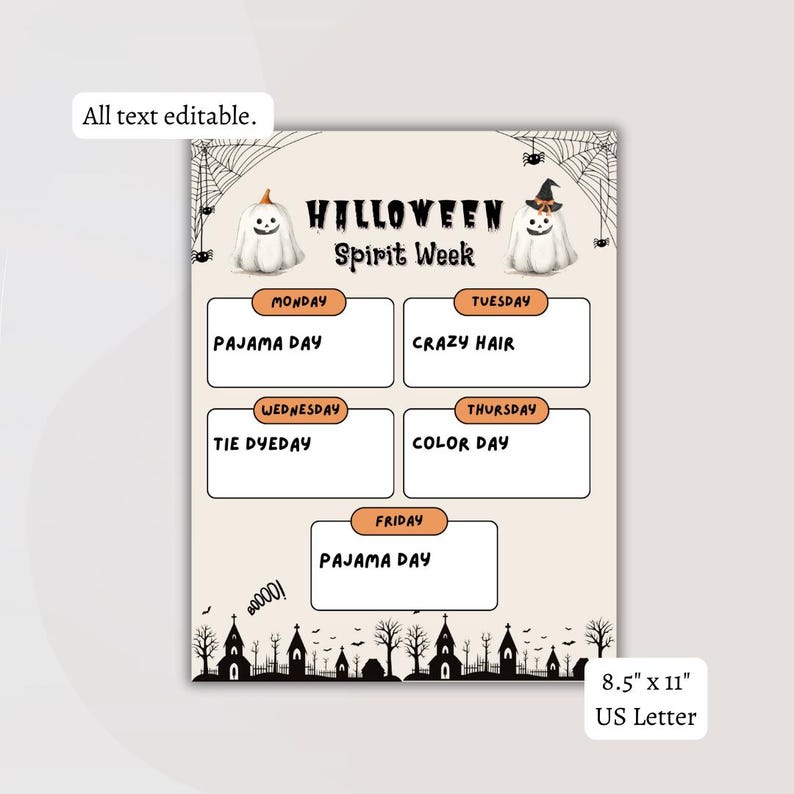 Halloween School Spirit Week Itinerary Schedule, Daily Weekly Calendar ...