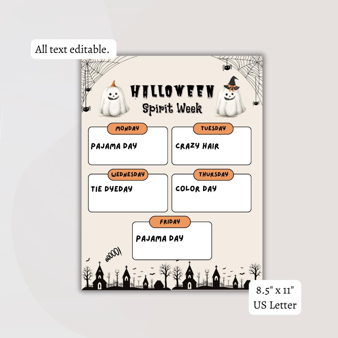 Halloween School Spirit Week Itinerary Schedule, Daily Weekly Calendar ...