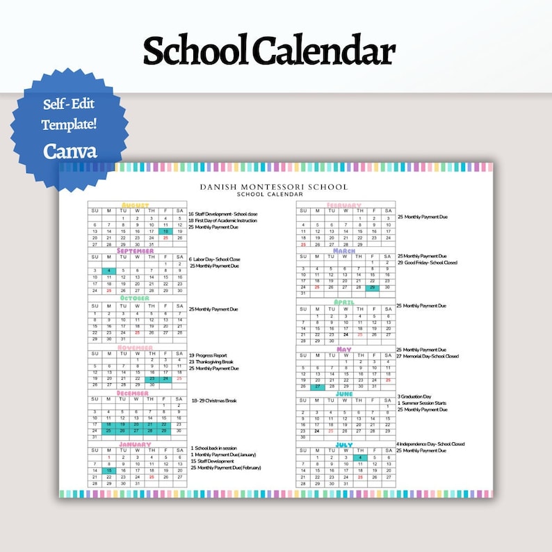 Editable School Calendar, Horizontal Layout (digital Download) - Etsy