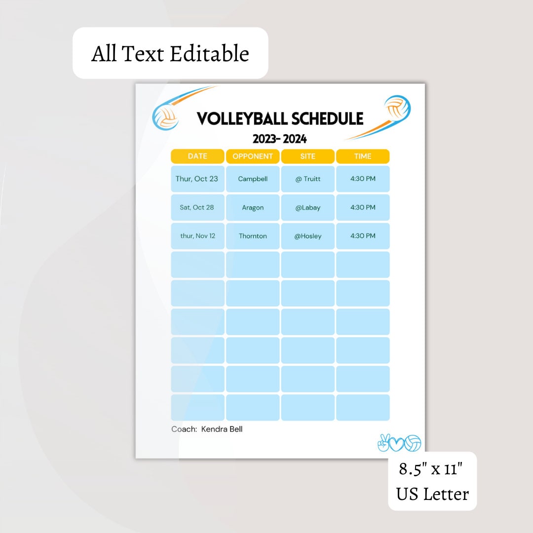 Editable Volleyball Schedule Template Volleyball Game Day Calendar ...