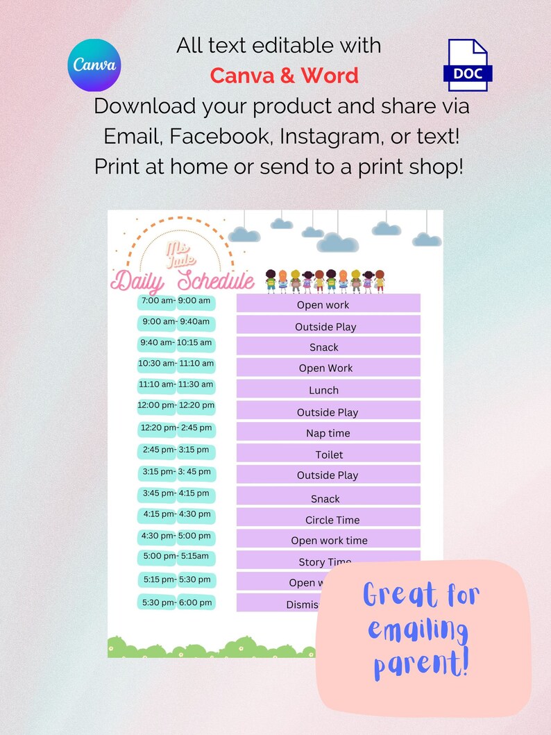 Daily Schedule, Montessori School /daycare, Fully Customizable With ...