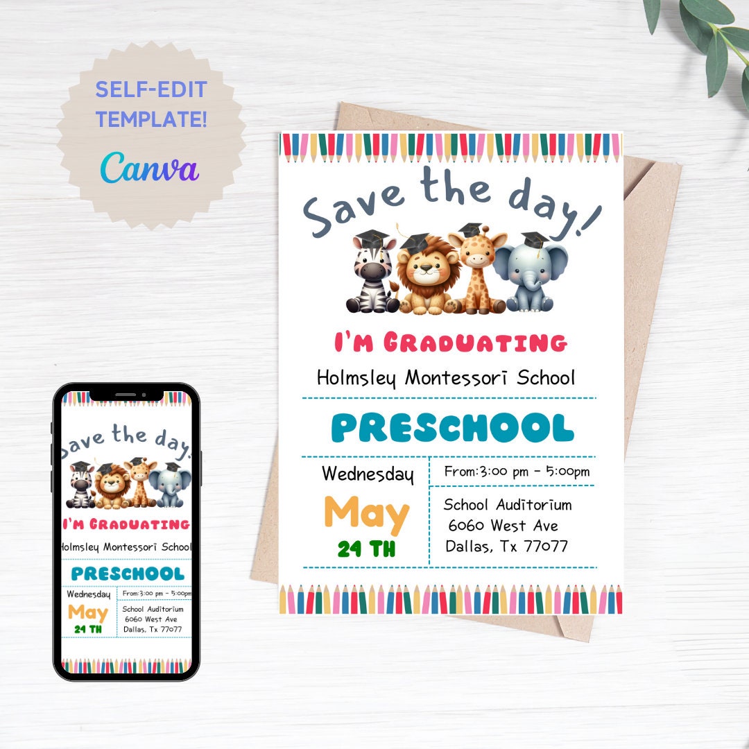 Graduation Invitation Editable Template, Pre-k Kindergarten, Preschool ...