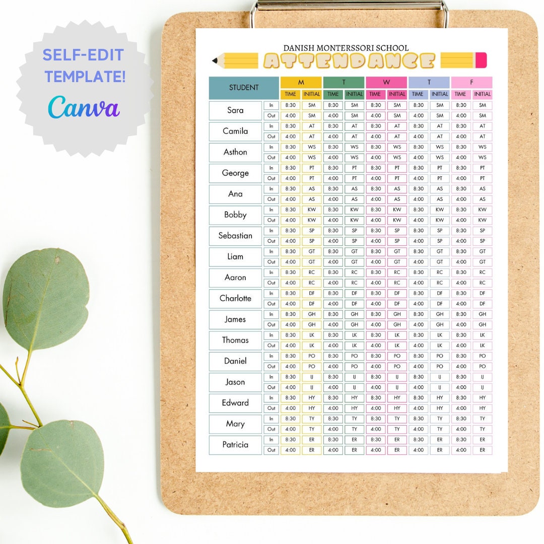 Weekly Attendance Sheet/ Attendance Sheet for Preschool, Montessori ...