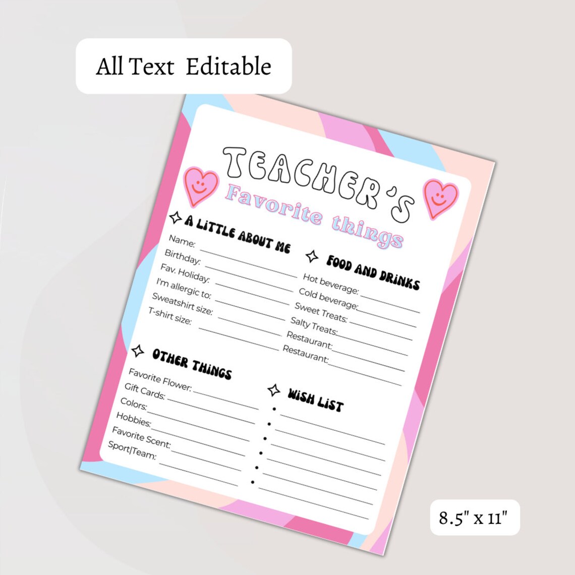Editable Teacher Favorites Survey/ Meet the Teacher Questionnaire ...