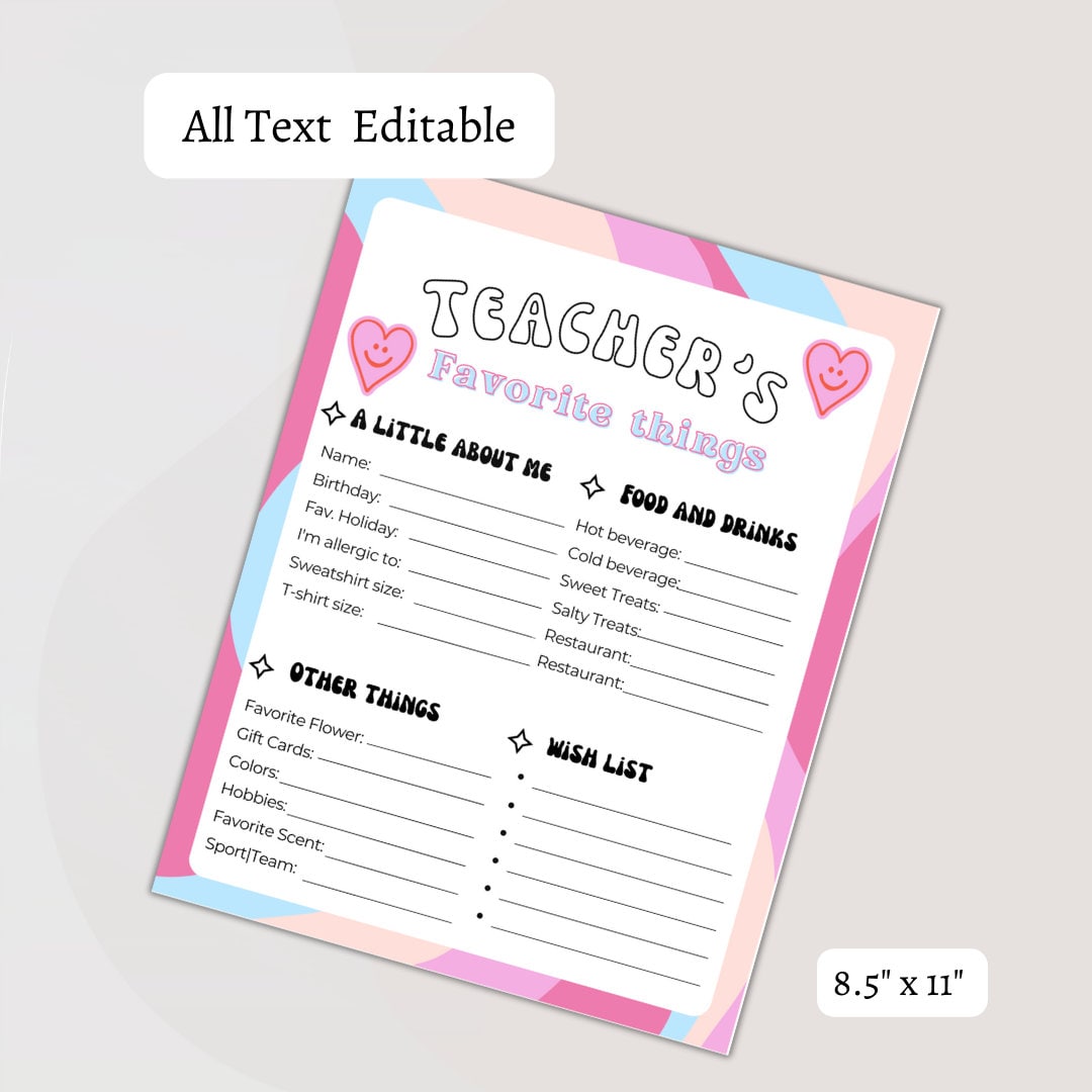 Editable Teacher Favorites Survey/ Meet the Teacher Questionnaire ...