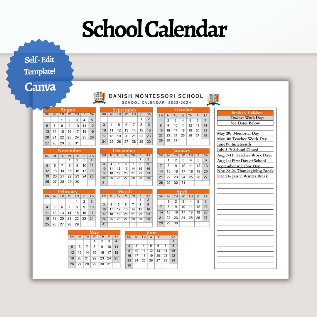 School Calendar Horizontal Perfect for Preschool, Daycare or Childcare ...