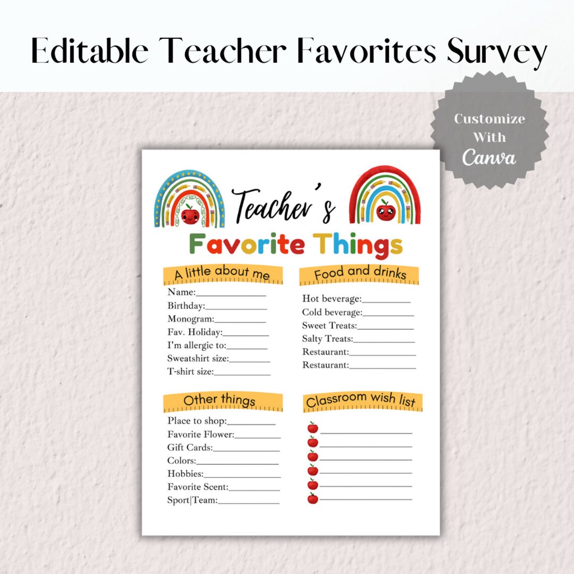 Editable Teacher Favorites Survey/ Meet the Teacher Questionnaire ...